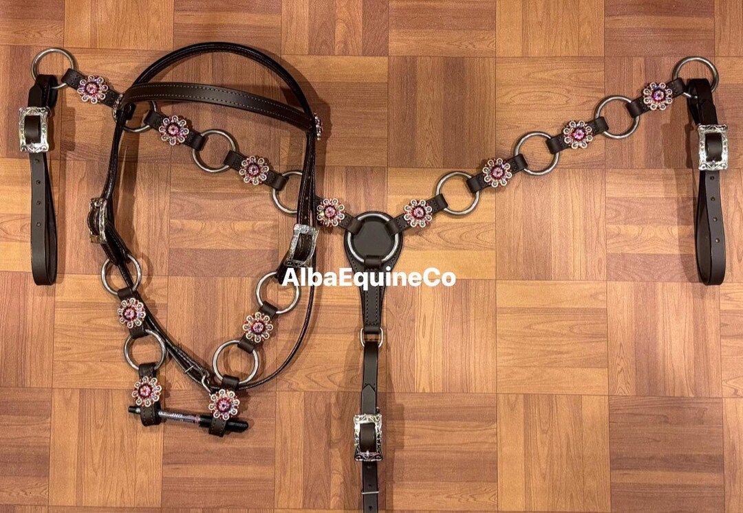 Western Brown Leather Ring Tack Set of Headstall and Breast Collar With ...