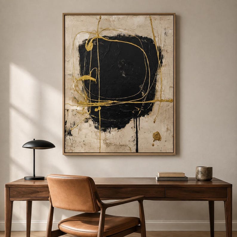 Black and Gold Abstract Canvas, Beige Textured Oil Painting, Modern ...
