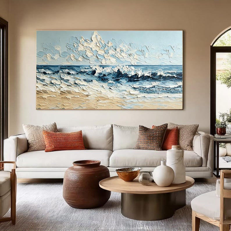 Abstract Ocean Wall Art Textured Wave Painting Coastal Canvas Decor ...