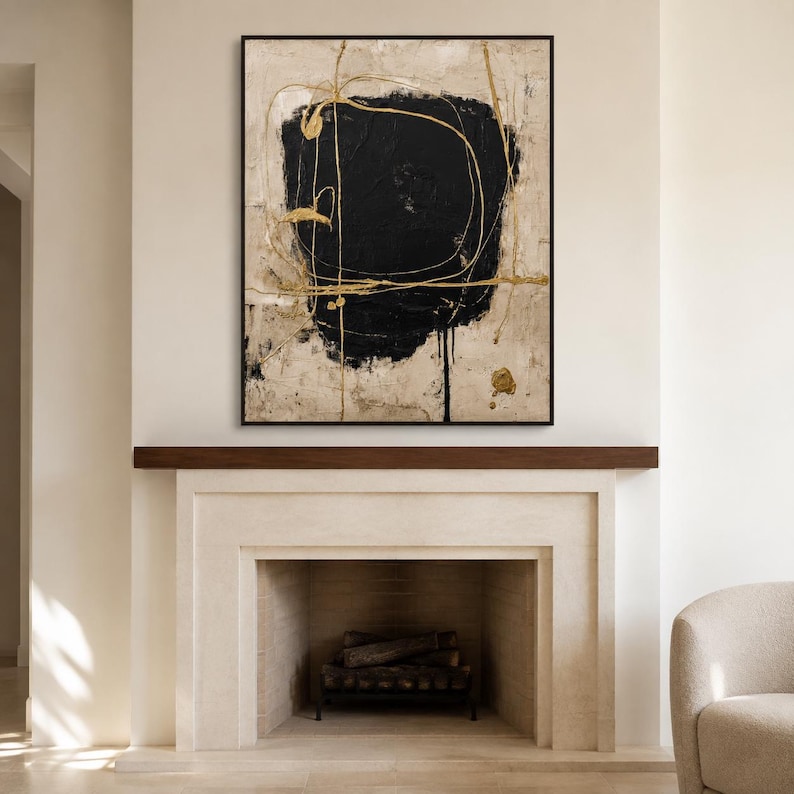 Black and Gold Abstract Canvas, Beige Textured Oil Painting, Modern ...