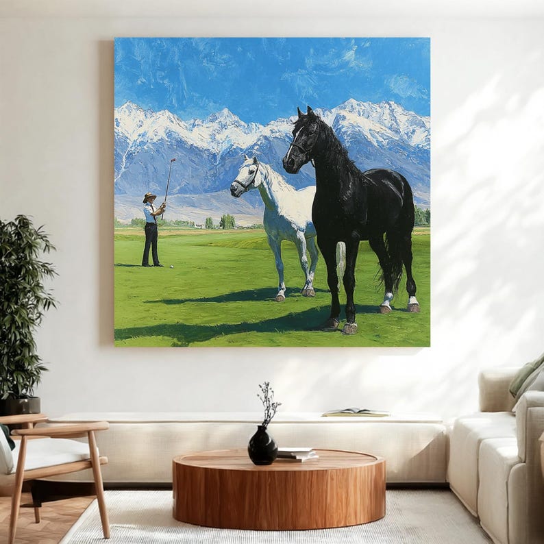 Original Black and White Horse Golf Course Oil Painting Men's Golf Wall ...