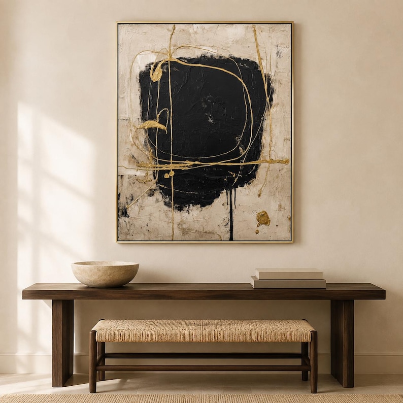 Black and Gold Abstract Canvas, Beige Textured Oil Painting, Modern ...