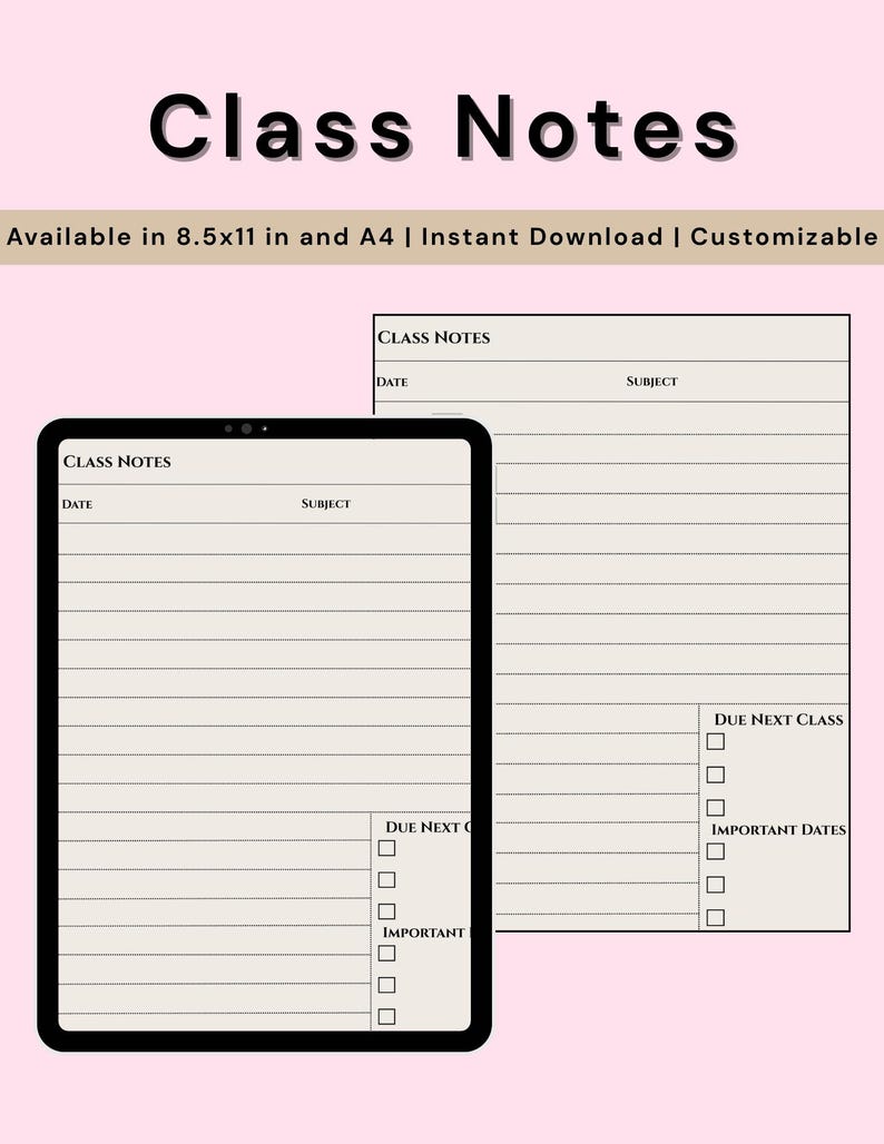 Class Notes Template | Editable Canva | Printable PDF | Class Notepads ...