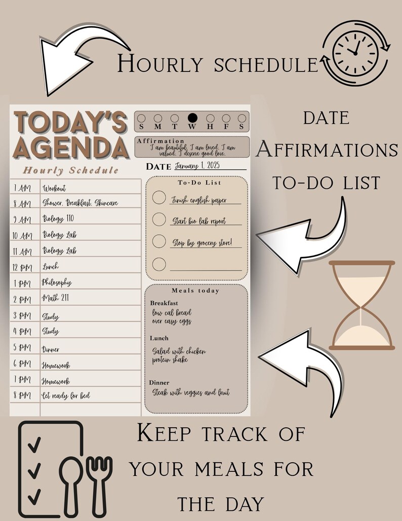 Daily Agenda Canva Template | Editable Day Planner | Hourly Schedule ...