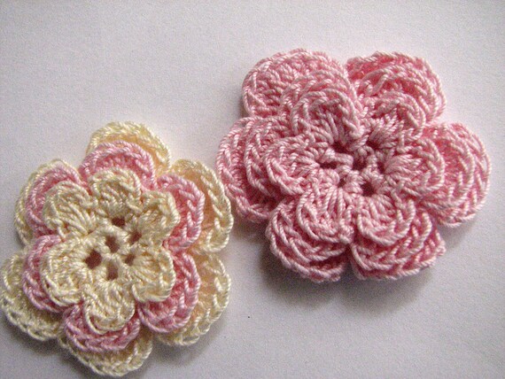 Pink & Cream Thread Flowers 6 Three Layer Crochet Flower Appliques ...