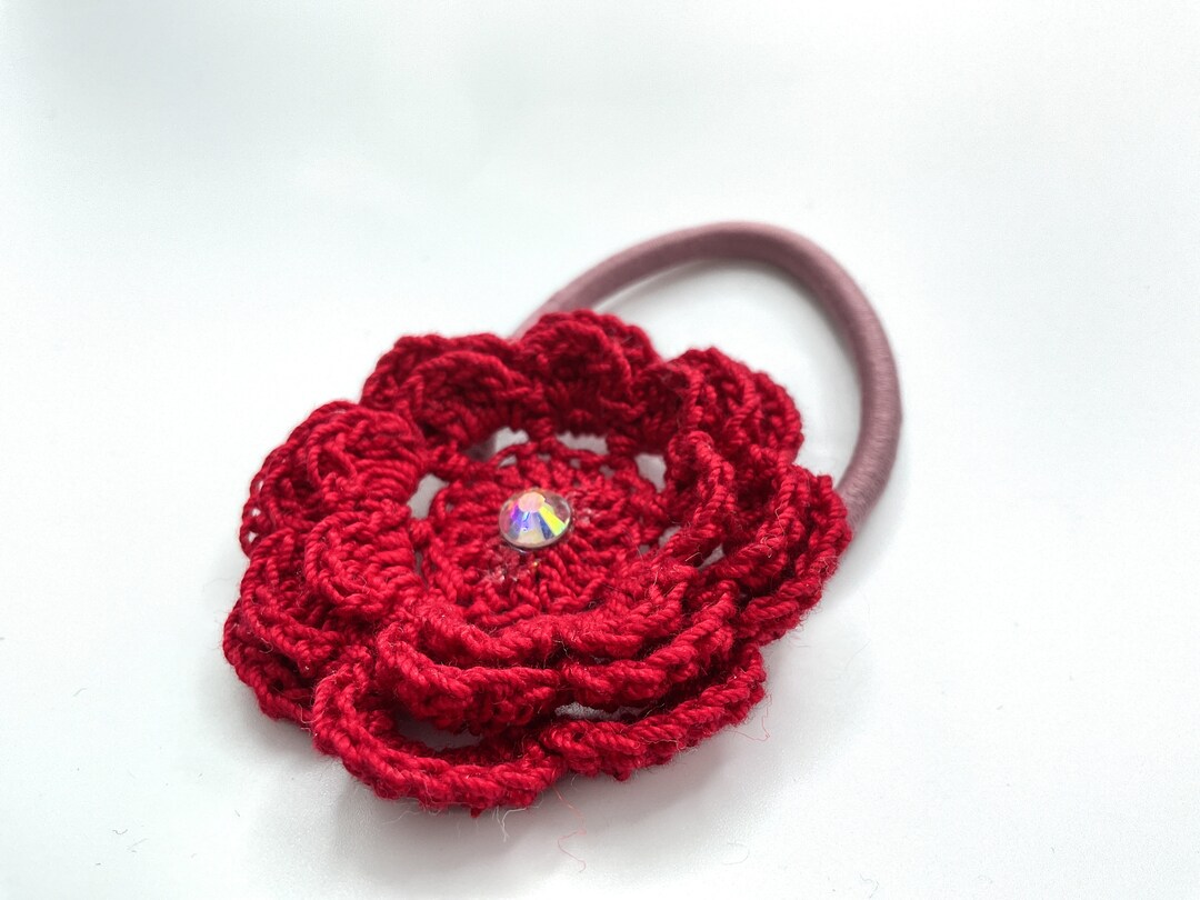 Crochet Flower Hair Tie - Red Flower W/ Rhinestone - Etsy