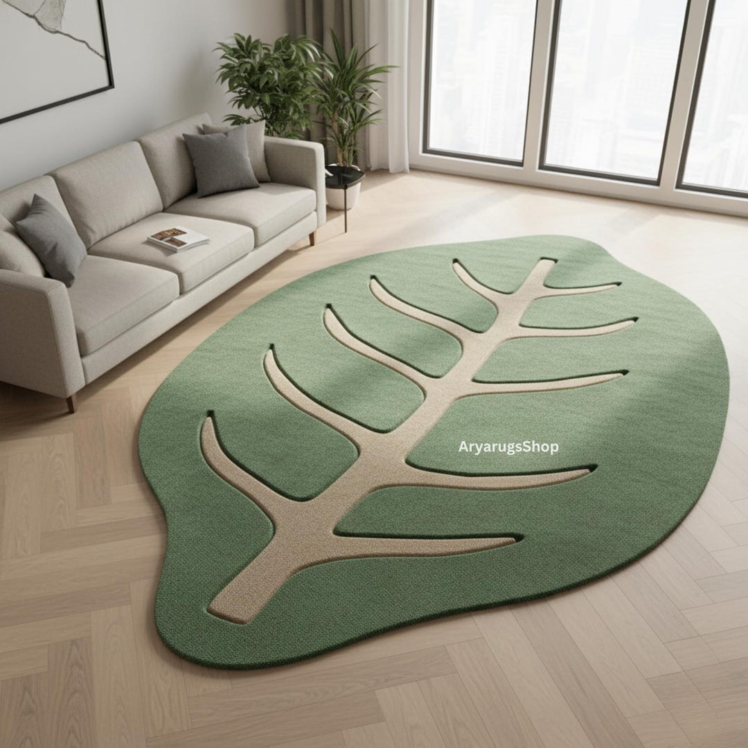 Nature Inspired Rug – Hand Tufted Leaf Design Wool Rug for Living Room ...