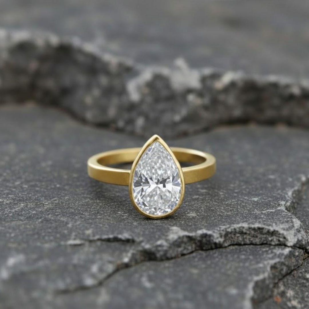 3 CT Pear Shape Moissanite Engagement Ring, Bezel Set Moissanite Ring ...