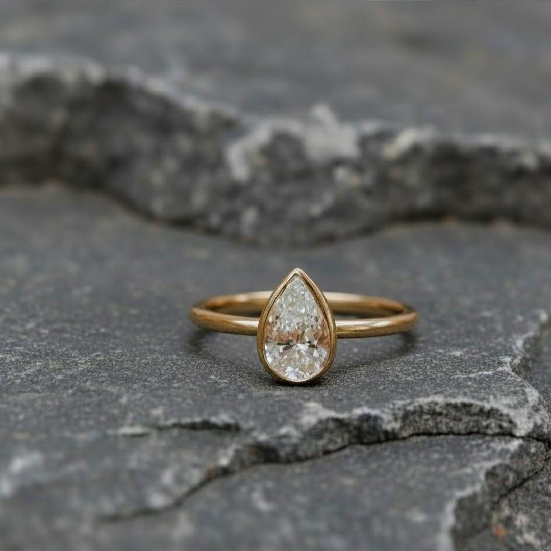 Bezel Set Pear Cut Moissanite Engagement Ring, 14K Gold Wedding Ring ...