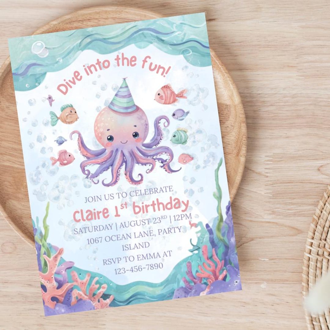 Editable 1st Birthday Girl Invitation | Under the Sea Octopus Party ...