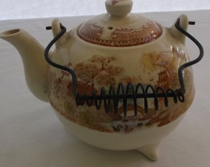 Vintage Teapot, Transfer Ware Asian Scene, China Porcelain, Wire Handle ...