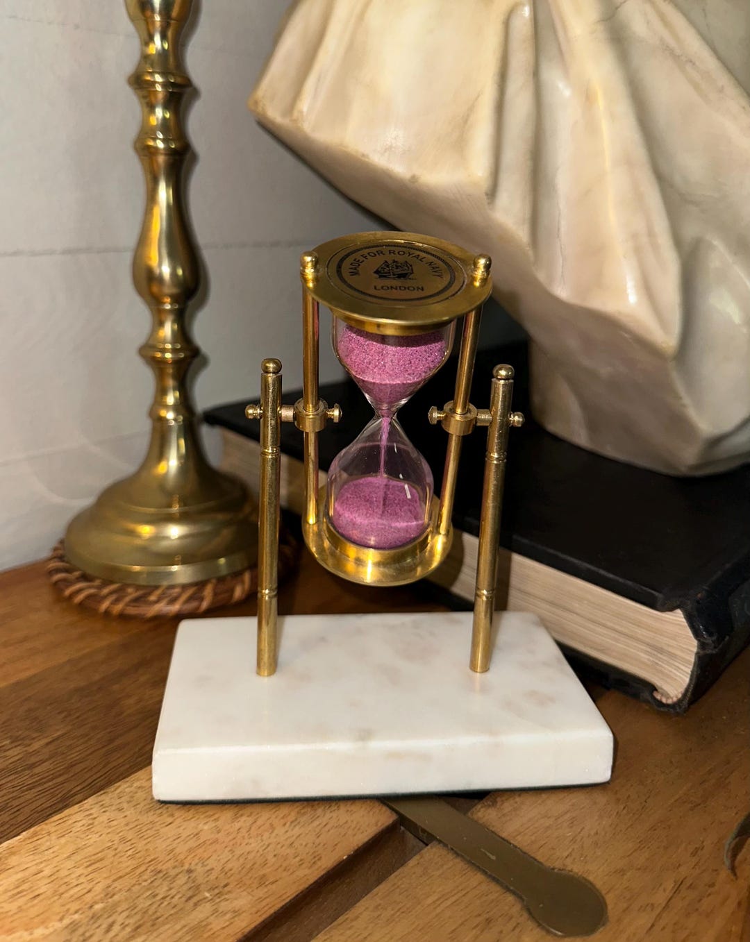 Vintage Hourglass With Pink Sand | Marble Base & Brass Accents | “made ...