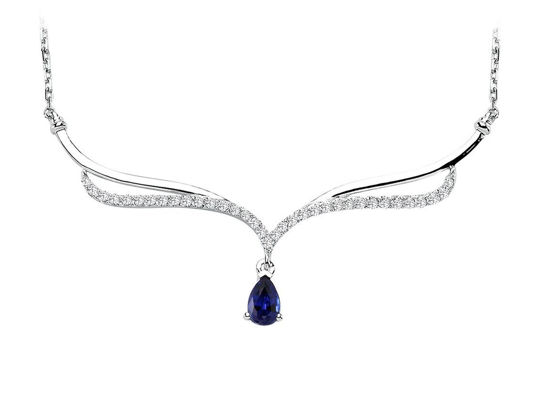 Sapphire & Diamond Collier Necklace – 0.30 Ct Pear Cut in 14K White ...