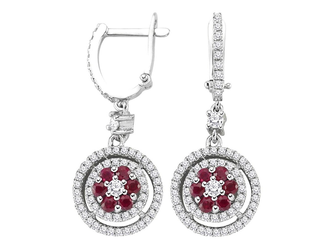 Ruby Flower Drop Earrings: Lab-grown Diamond Halo, 14K White Gold - Etsy