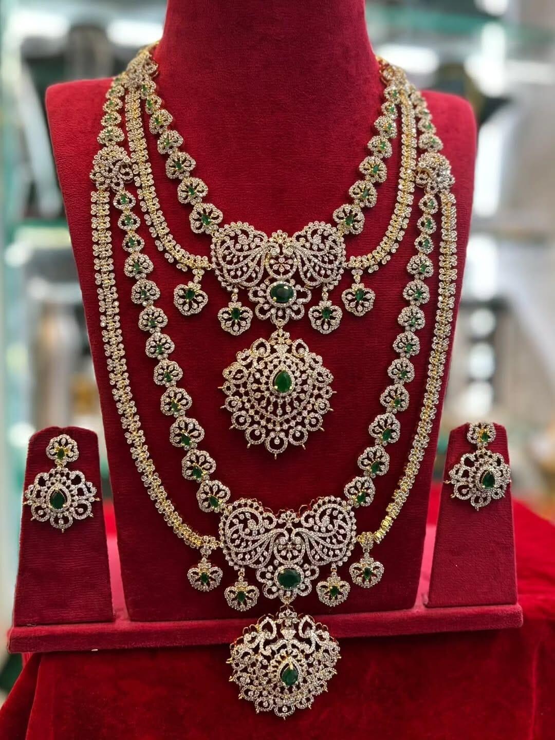 Emerald CZ Diamond Bridal Necklace Set, Indian Wedding Jewelry - Etsy