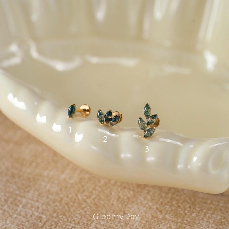 Natural Moss Agate Leaf Earrings Set • Titanium Flat Back Earring • 16G ...