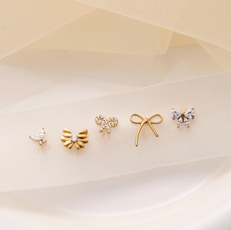 16G/18G Micro Bow Earrings Set • Tiny Bow Flat Back Earring • Helix ...