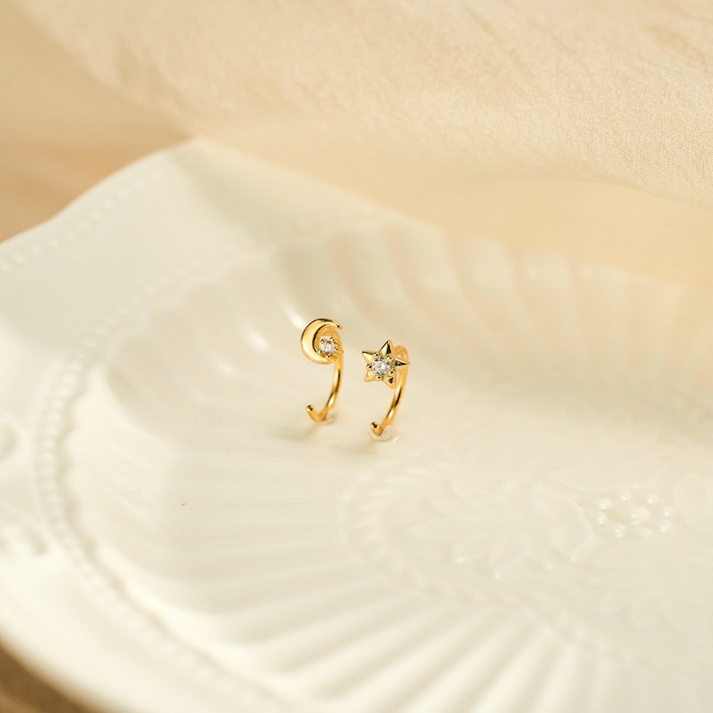 Moon & Star Celestial Huggie Hoops • 925 Sterling Silver Open Hoop ...