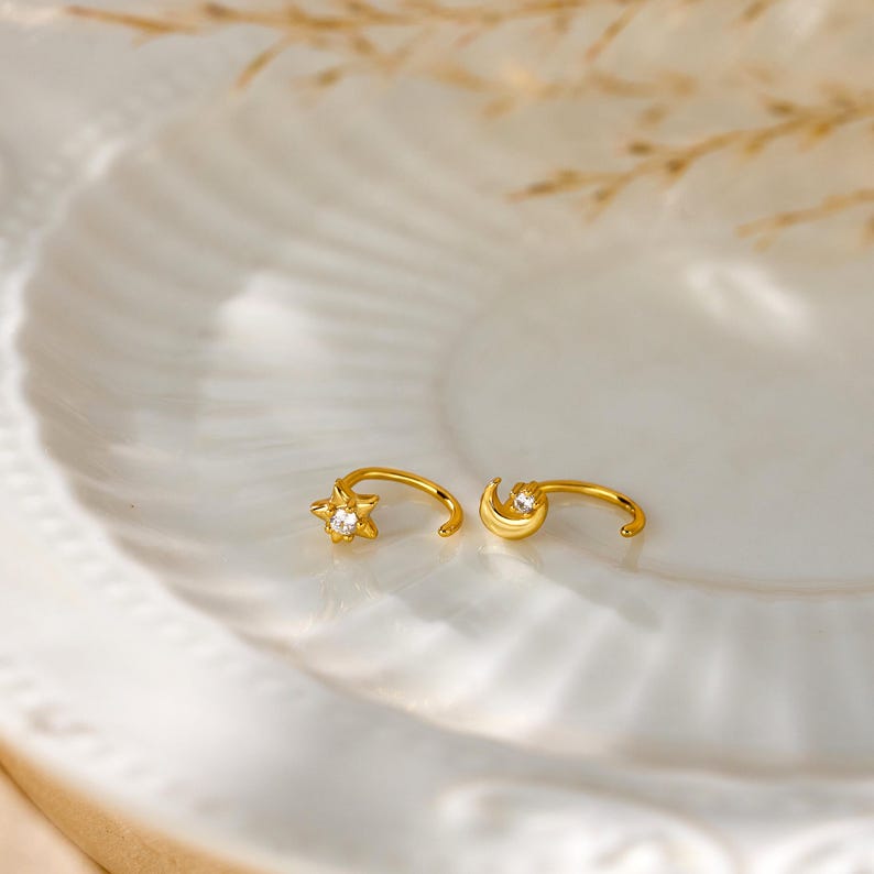 Moon & Star Celestial Huggie Hoops • 925 Sterling Silver Open Hoop ...