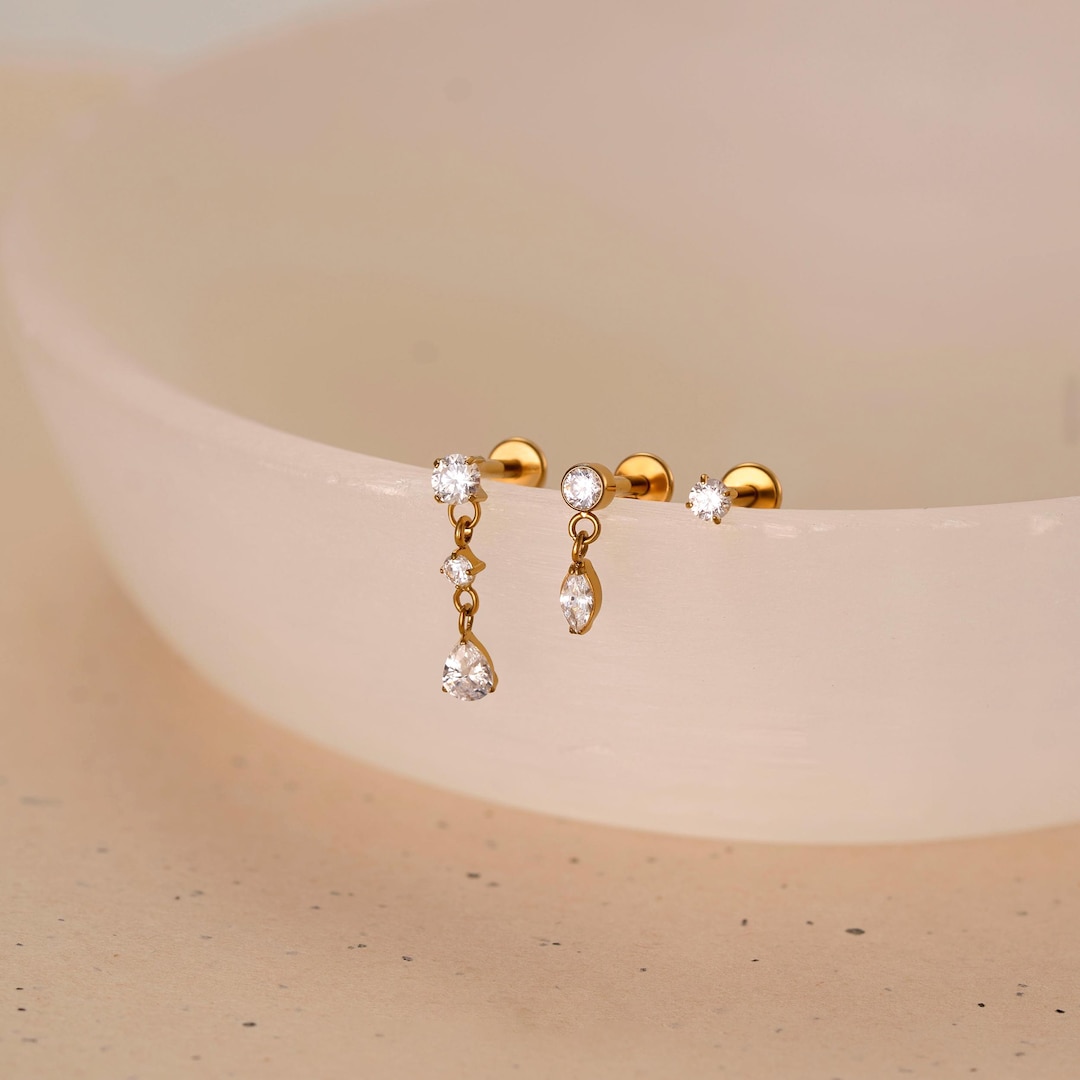 16G/18G Dainty Dangle Stud Earring Set • Minimalist Drop Chain Flat ...