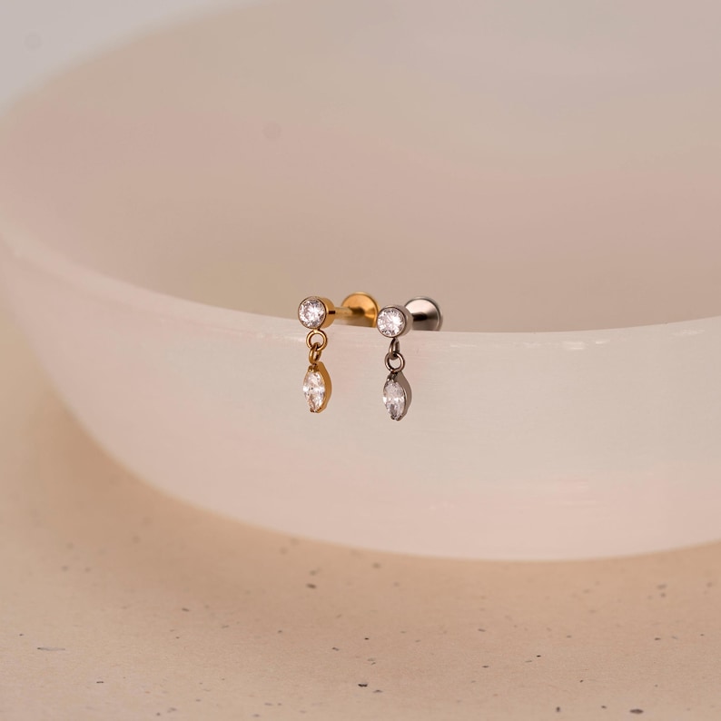 16G/18G Dainty Dangle Stud Earring Set • Minimalist Drop Chain Flat ...