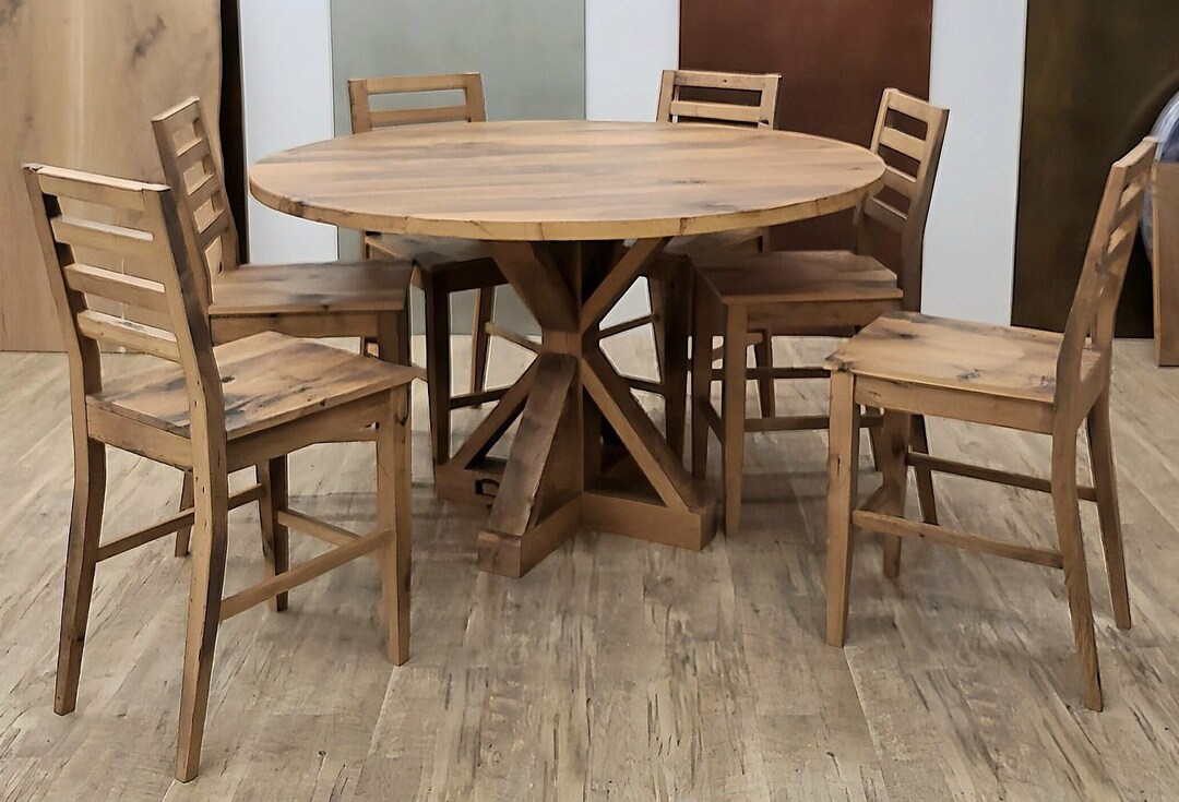 Round Reclaimed Oak Table and Dining Chairs, Pedestal Base, Rustic ...