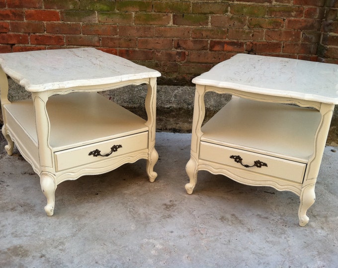 Pair of Vintage Cream Marble End Tables Night Stands French Provincial ...