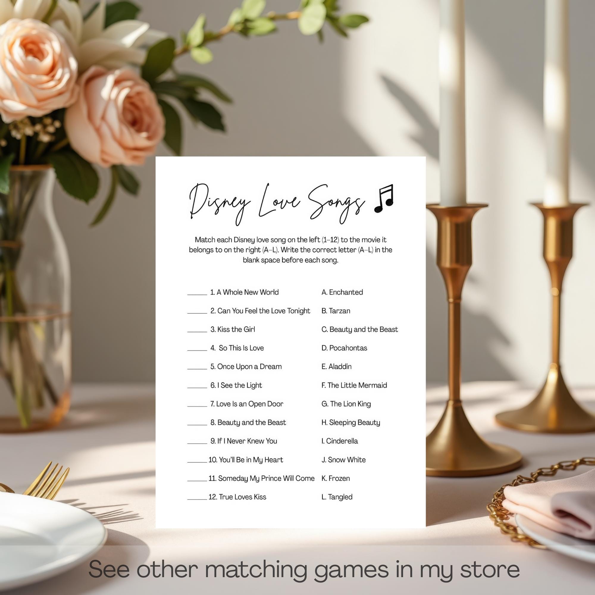 Disney Love Songs Game | Bridal Shower, Wedding Quiz (printable ...