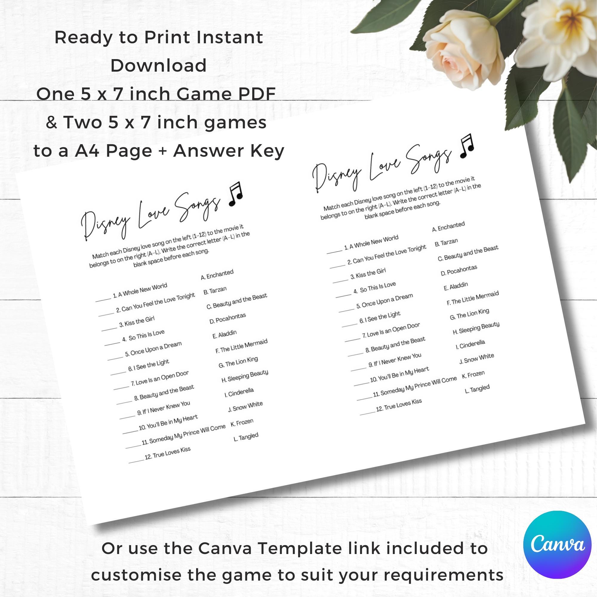 Disney Love Songs Game | Bridal Shower, Wedding Quiz (printable ...
