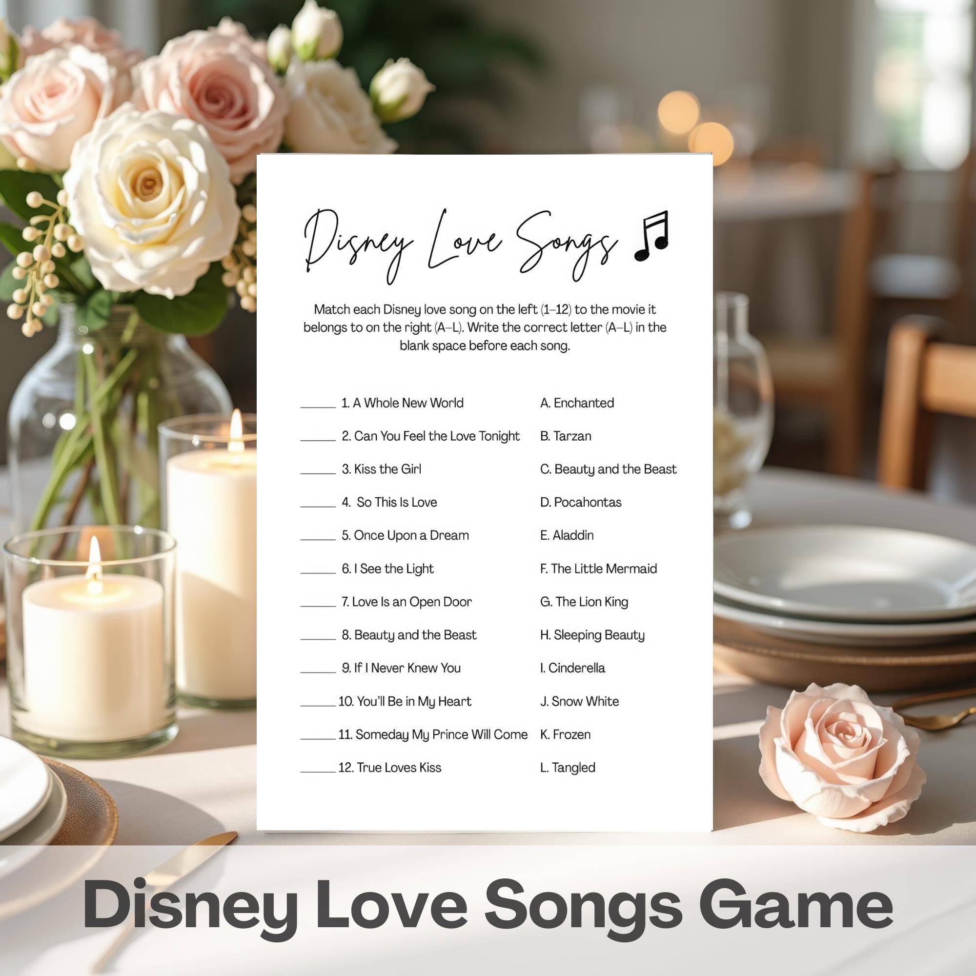 Disney Love Songs Game | Bridal Shower, Wedding Quiz (printable ...