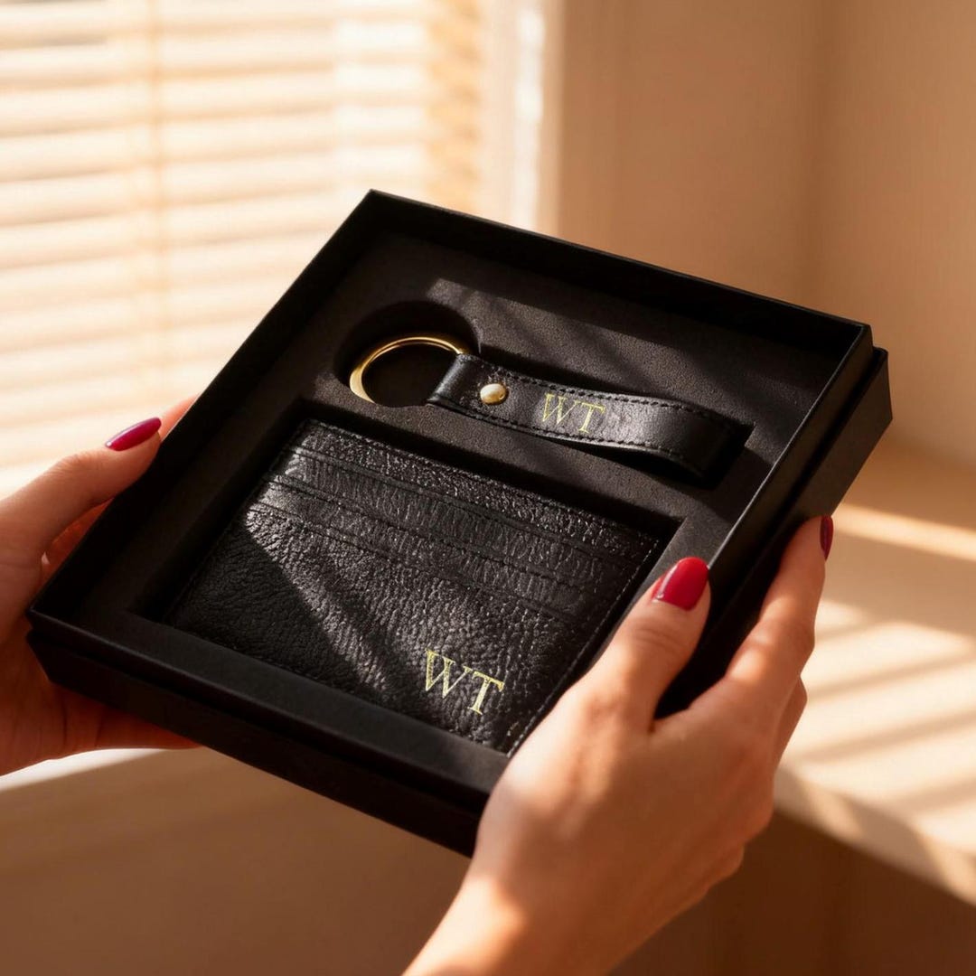 Personalized Card Holder Gift Set With Keychain, Leather Card Holder ...