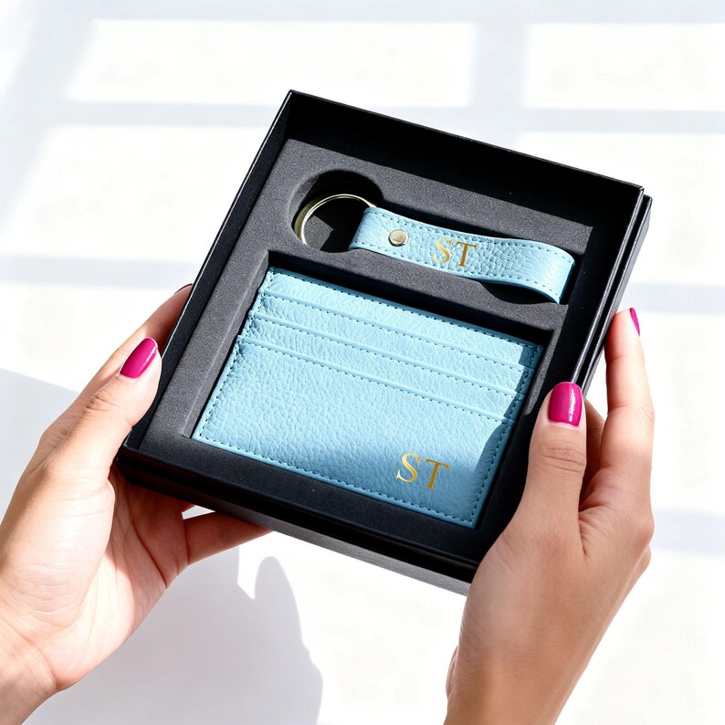 Personalized Card Holder Gift Set With Keychain, Leather Card Holder ...