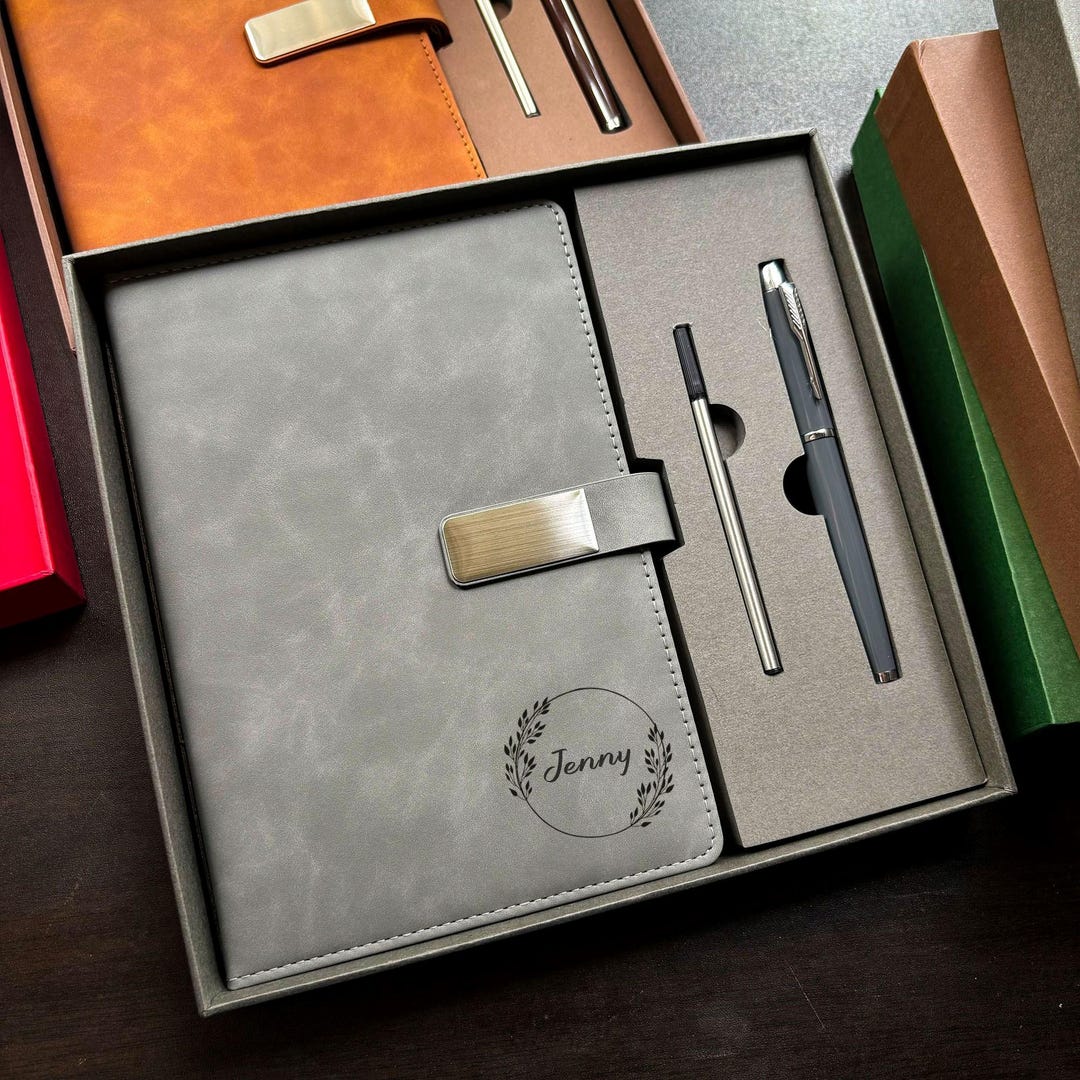 Personalized Vegan Leather A5 Notebook Gift Set: Engraved Journal & Pen ...