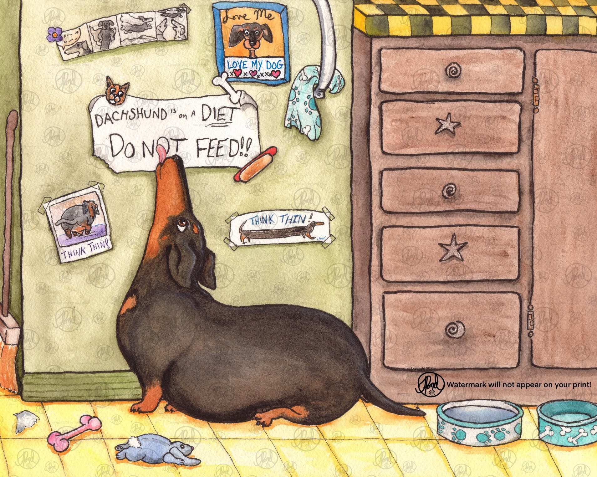 Funny Fat Dachshund Art Print, Plump Wiener Dog Poster for Dieting ...