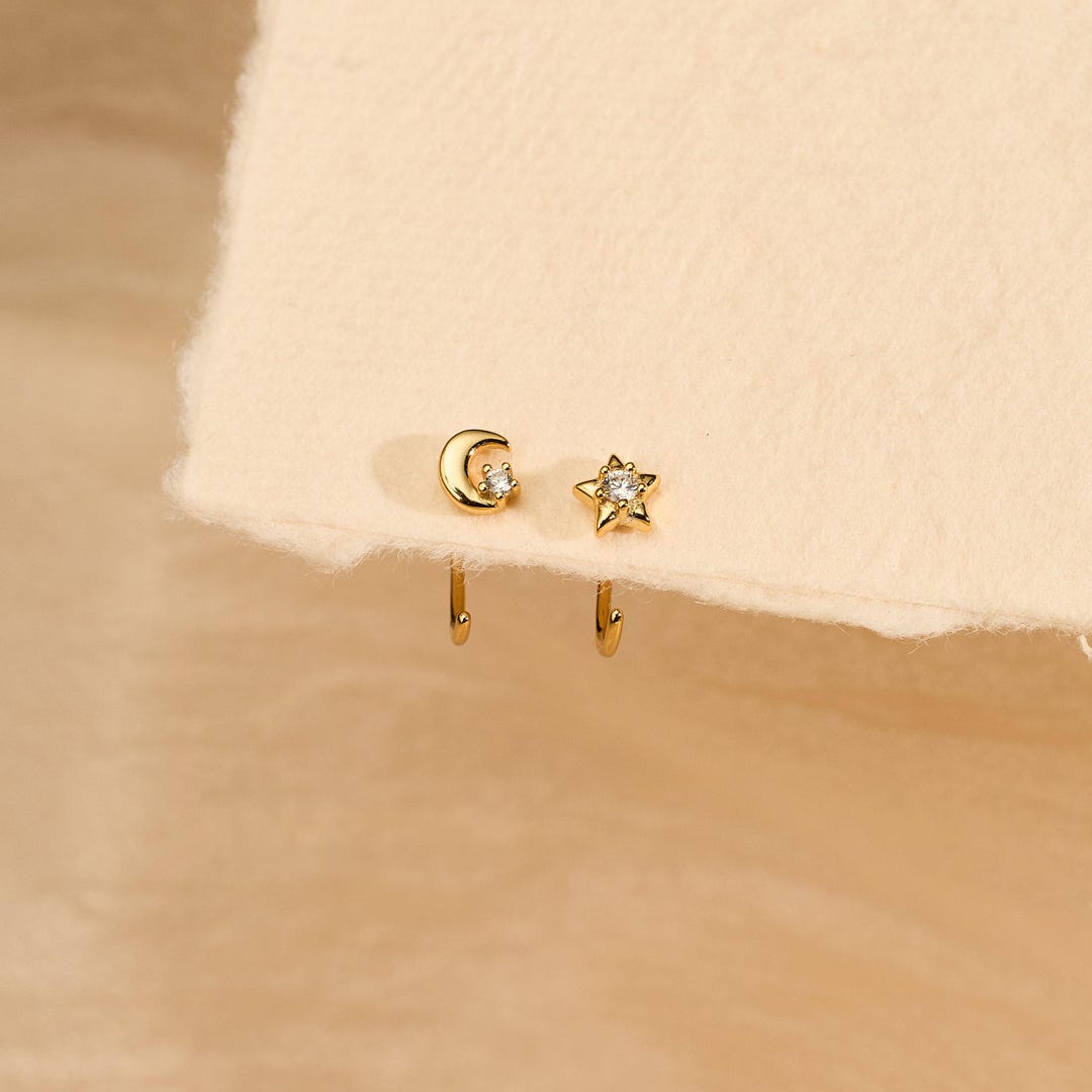 Moon & Star Hugging Hoop Earrings • Sterling Silver Open Huggie ...