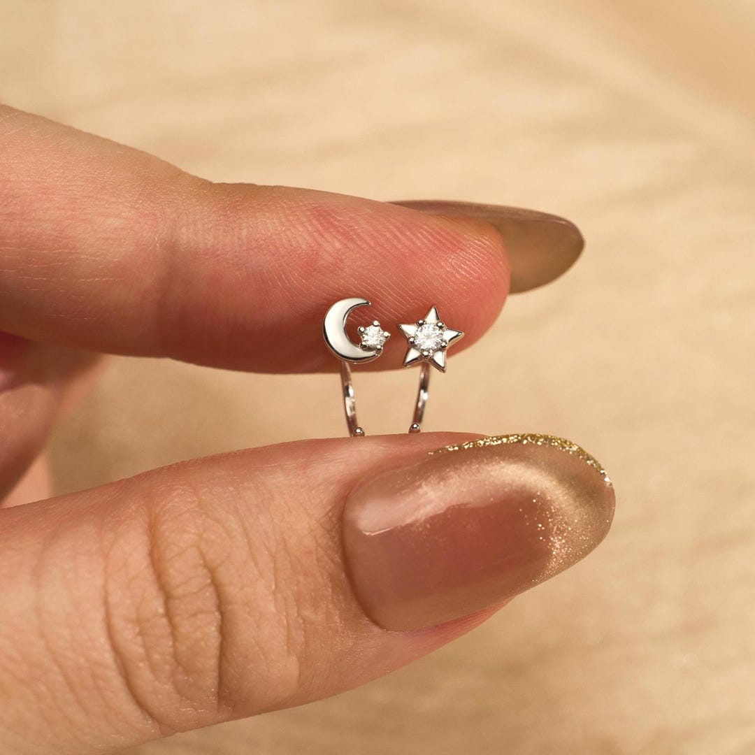 Moon & Star Hugging Hoop Earrings • Sterling Silver Open Huggie ...