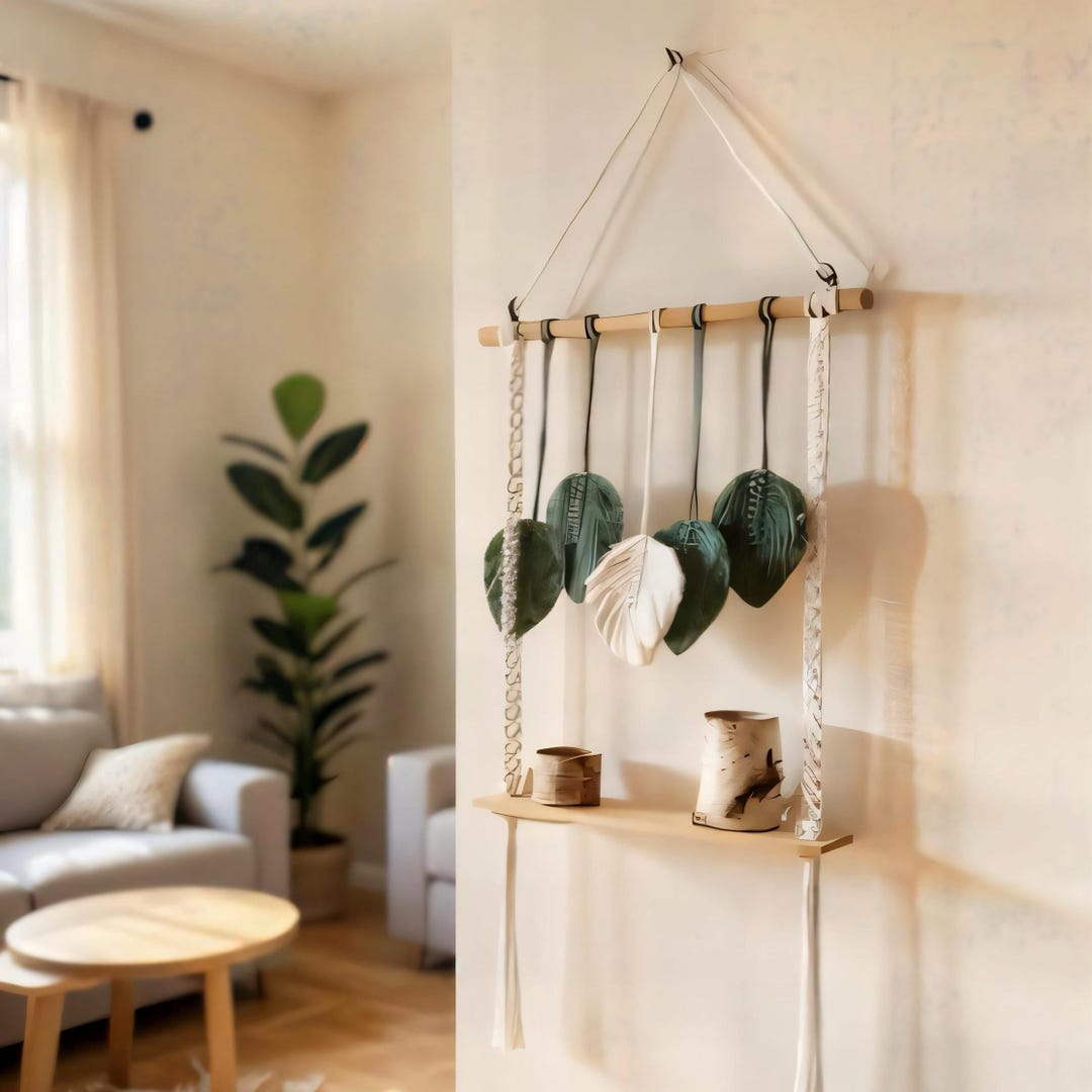 Handmade Boho Macrame Wall Shelf With Leaf Tassels — Woven Hanging ...