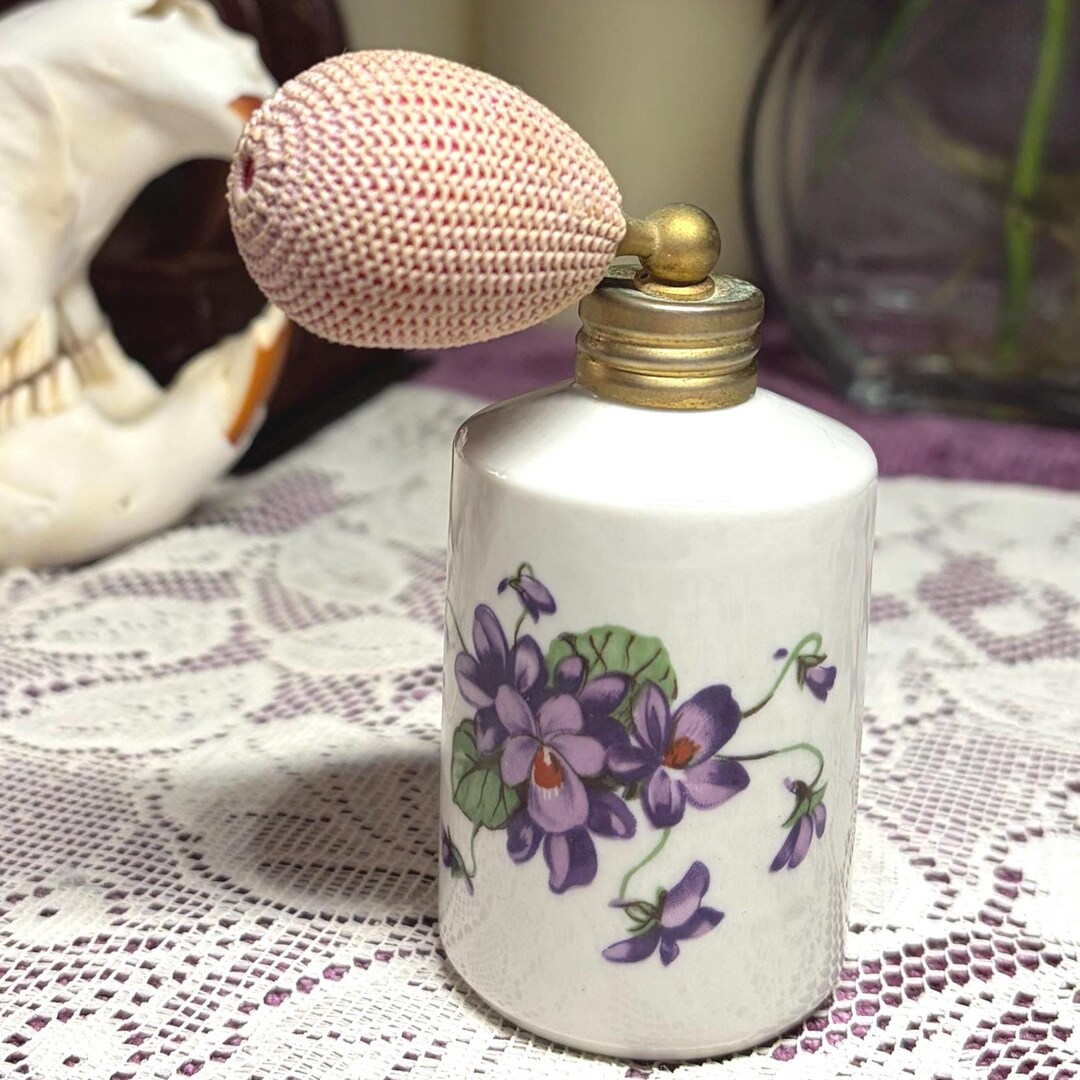 Vintage Perfume Atomizer Violet Floral Bottle Pink Puff Vanity Decor ...
