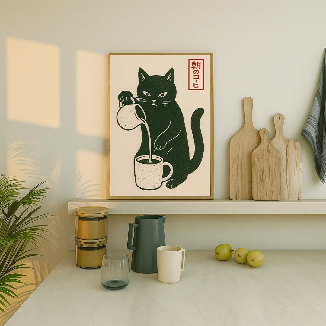 Japanese Cat Pouring Coffee Wall Art: Digital Poster Print Download - Etsy