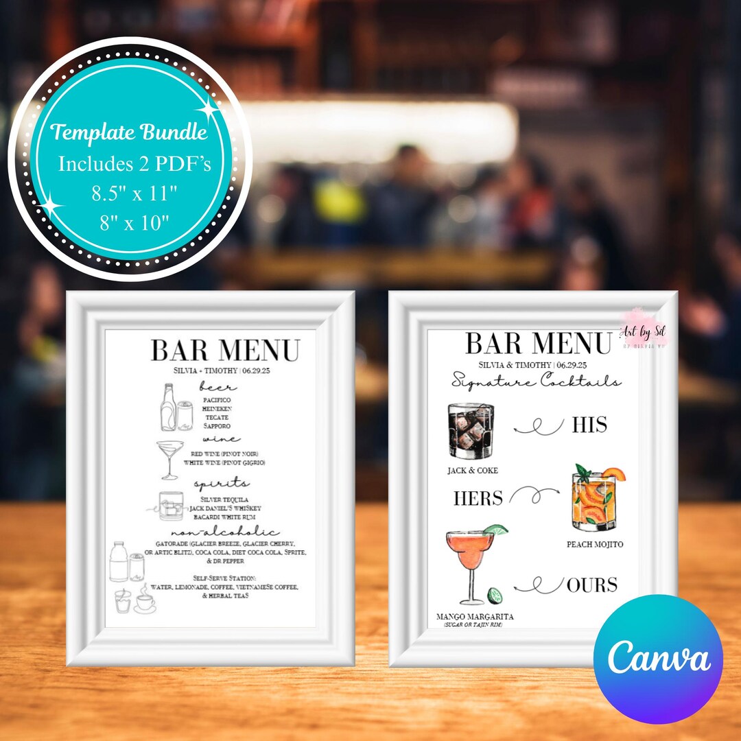 Watercolor Cocktails Bar Sign Templates – Editable Canva Bundle ...