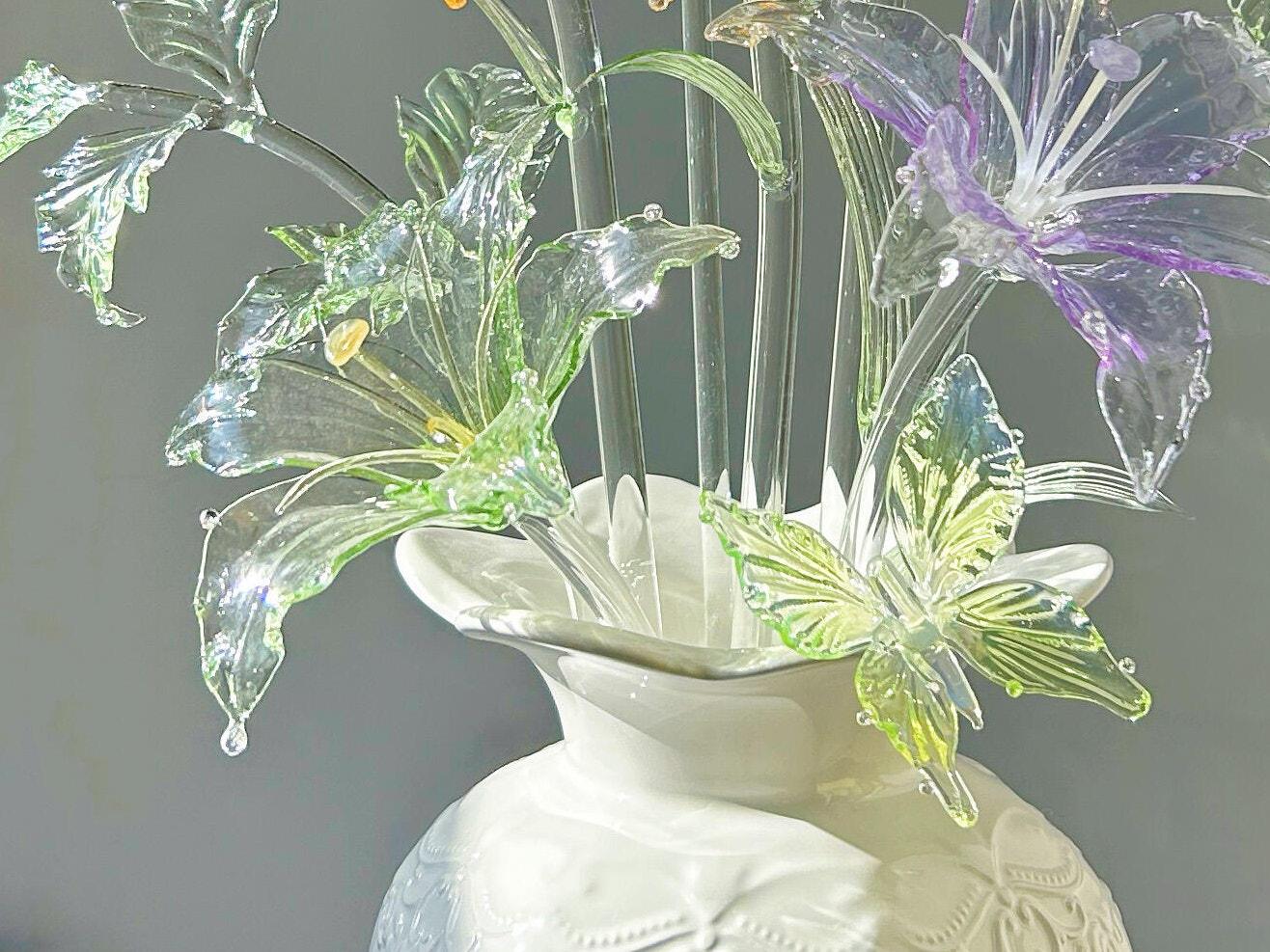 Handmade Lampwork Glass Lily Bouquet, Transparent Floral Sculpture ...