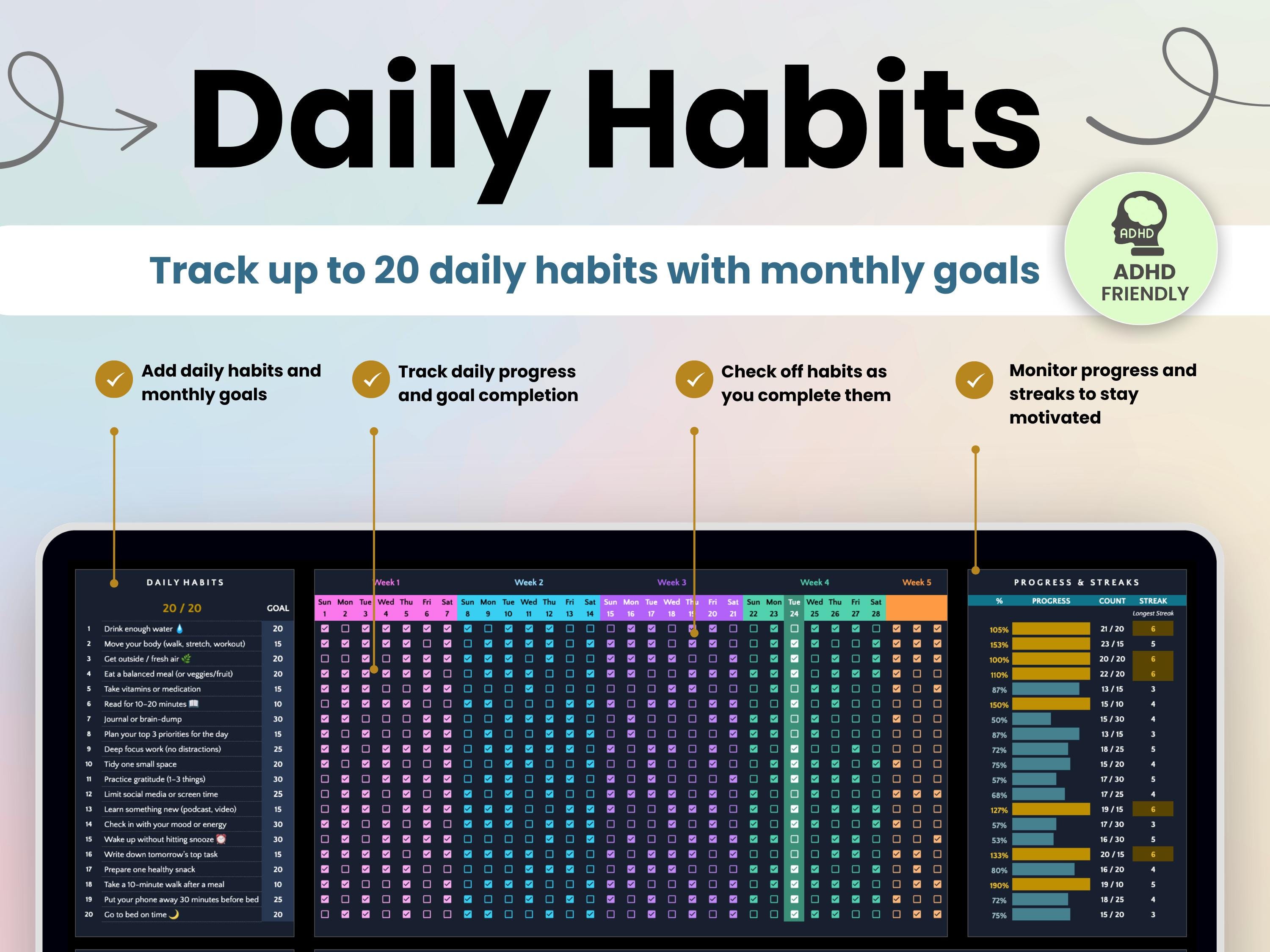 Habit Tracker Google Sheets Dark Mode Daily Routine Weekly Habits ...