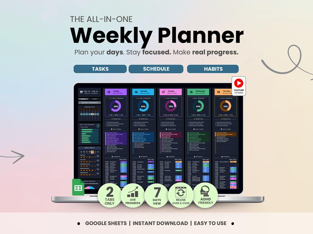 Daily & Weekly Planner Google Sheets Dark Mode ADHD Productivity ...