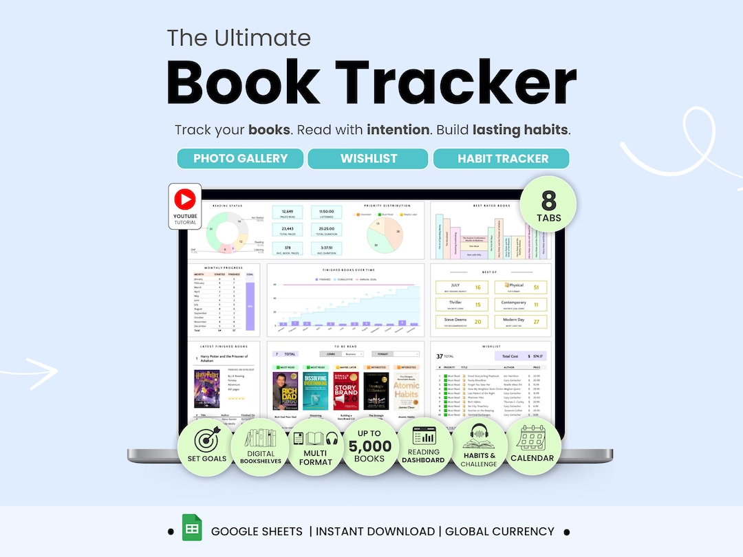Book Tracker Spreadsheet Reading Journal Planner TBR Review Google ...