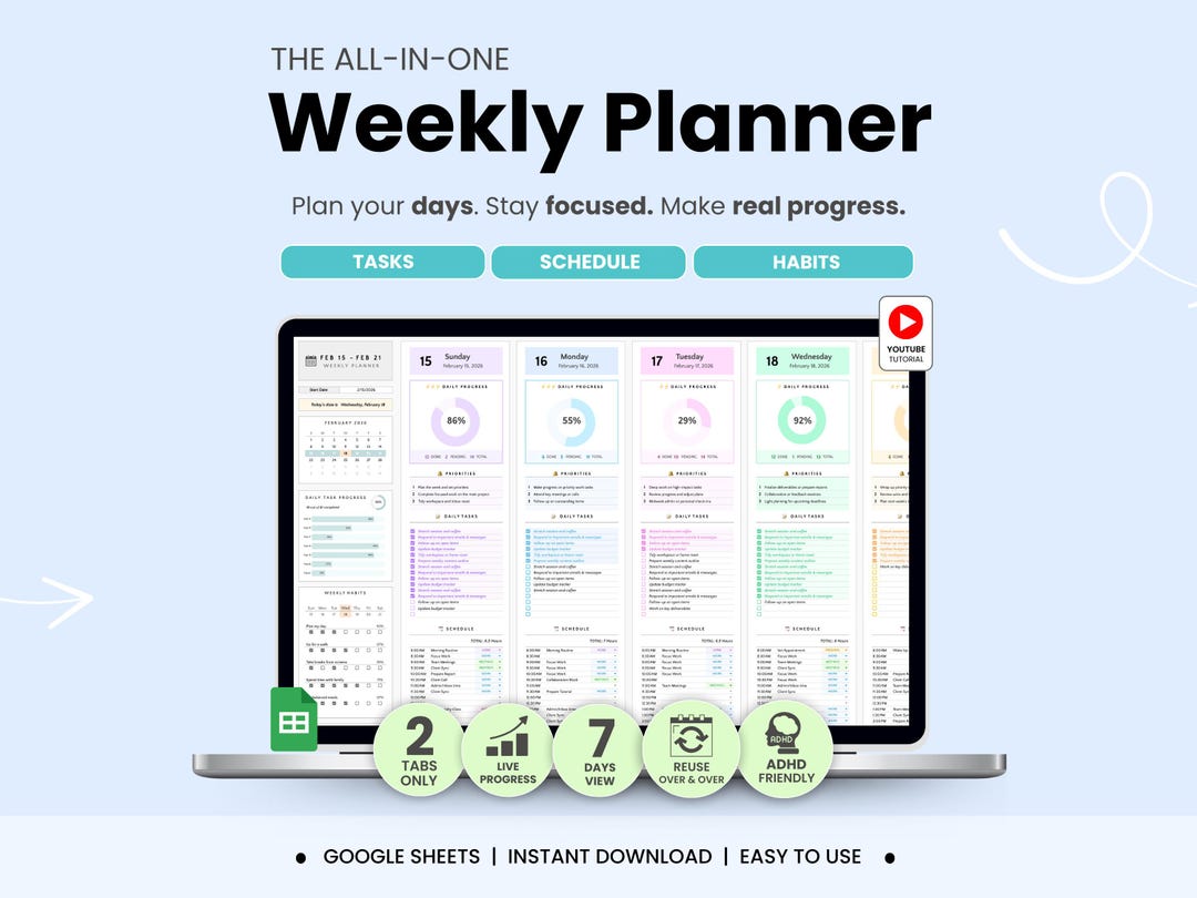 Daily & Weekly Planner Google Sheets ADHD Productivity Planner Time ...