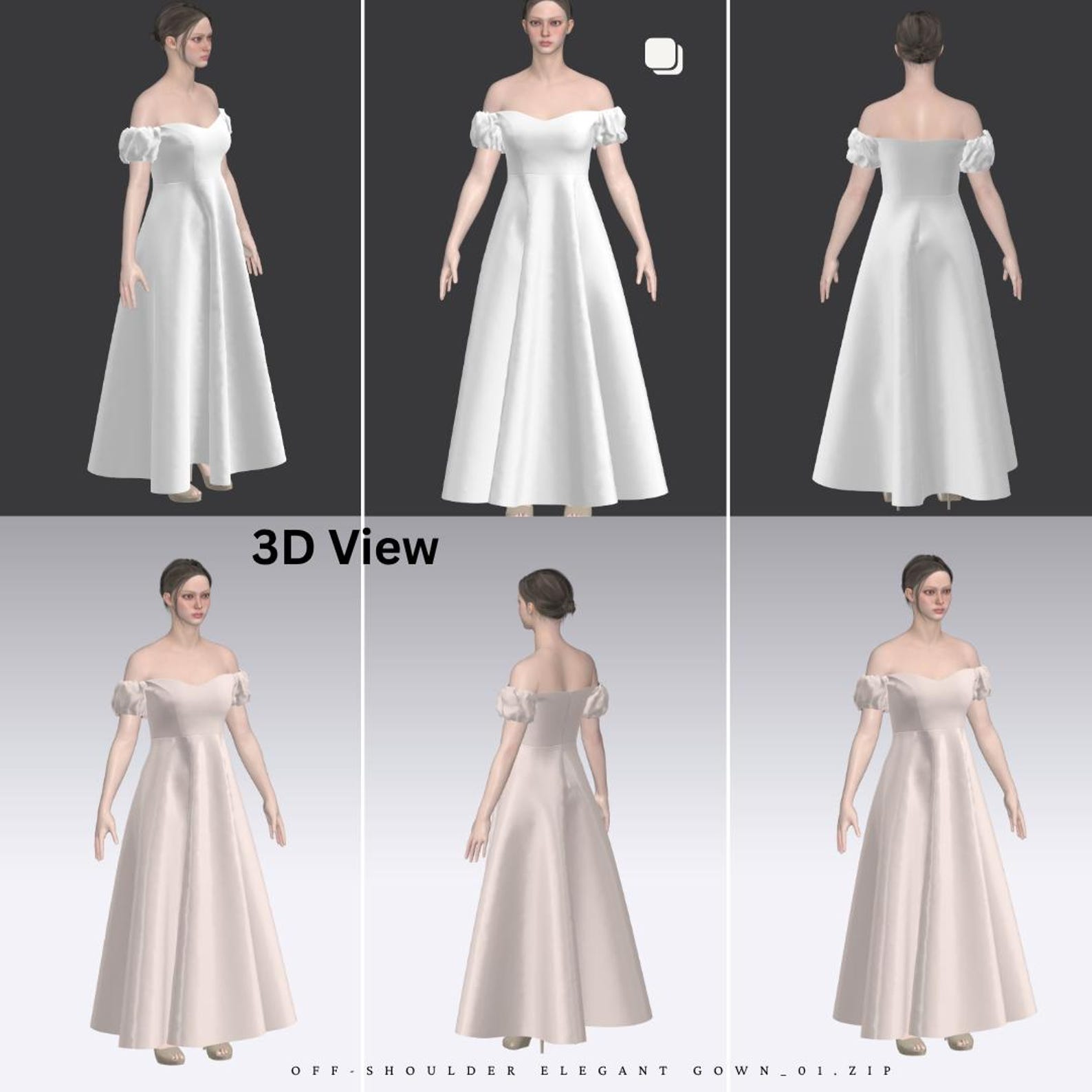 Editable 3D Digital Pattern – Off-shoulder Long Gown | ZPRJ & DXF File ...