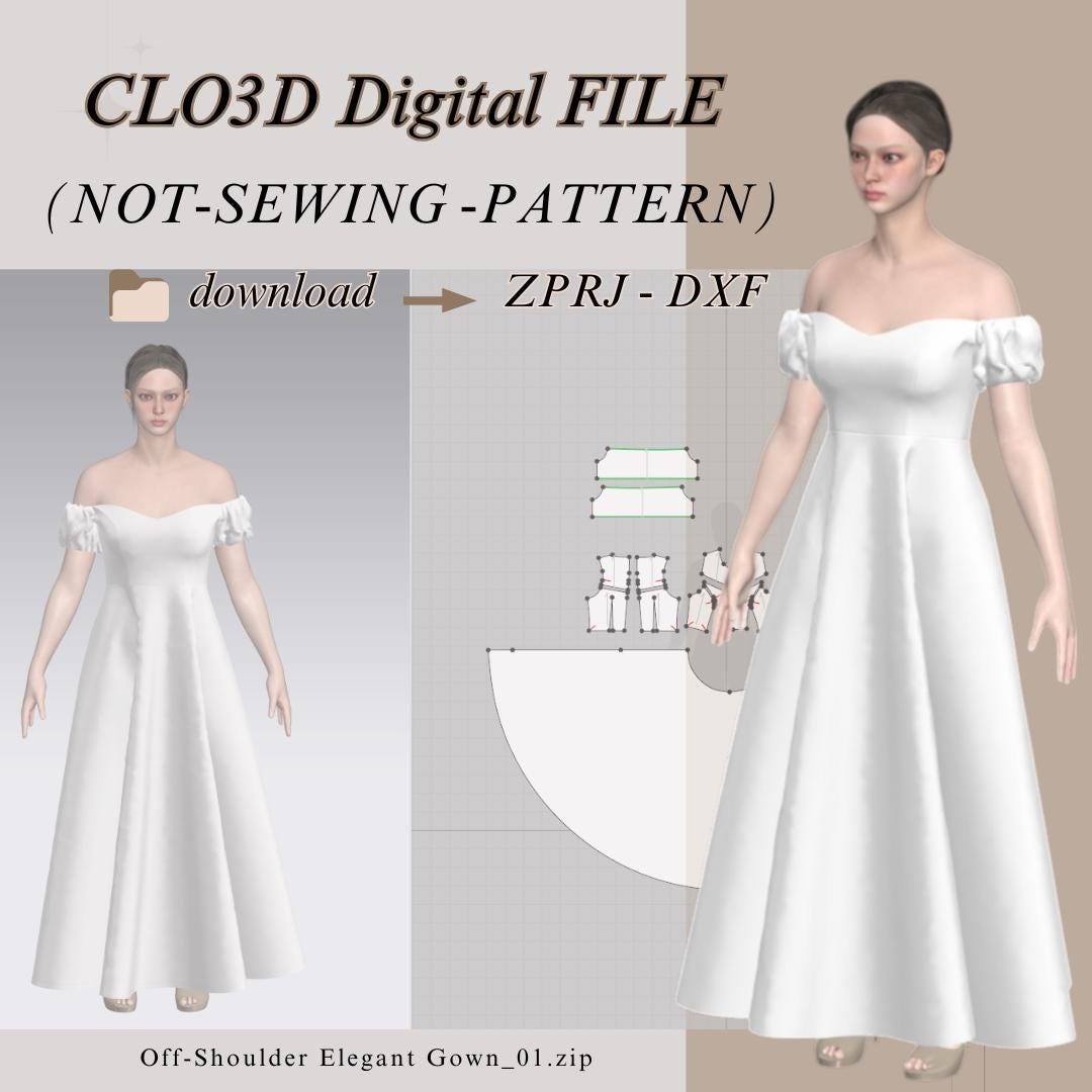 Editable 3D Digital Pattern – Off-shoulder Long Gown | ZPRJ & DXF File ...