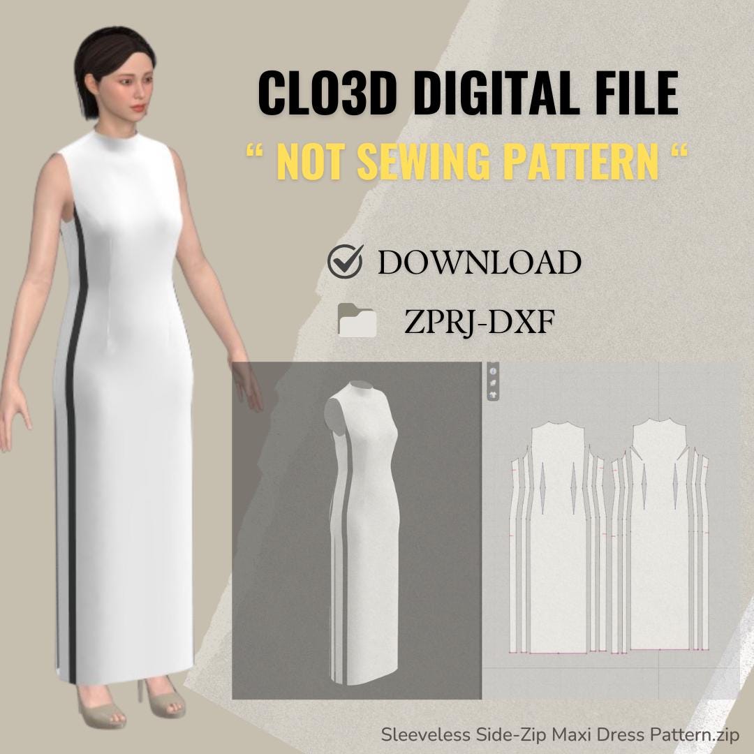 Sleeveless Side-zip Maxi Dress Pattern – Editable CLO3D (.ZPRJ) & DXF ...