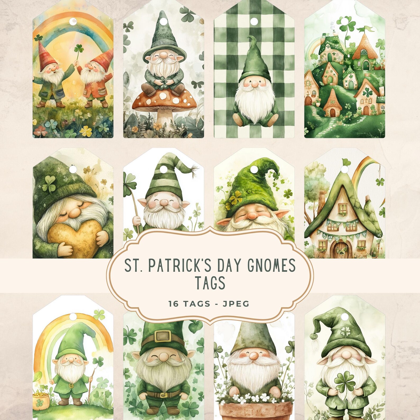 St. Patrick's Day Gnomes Tags, Junk Journal Kit, Shamrock Printable ...