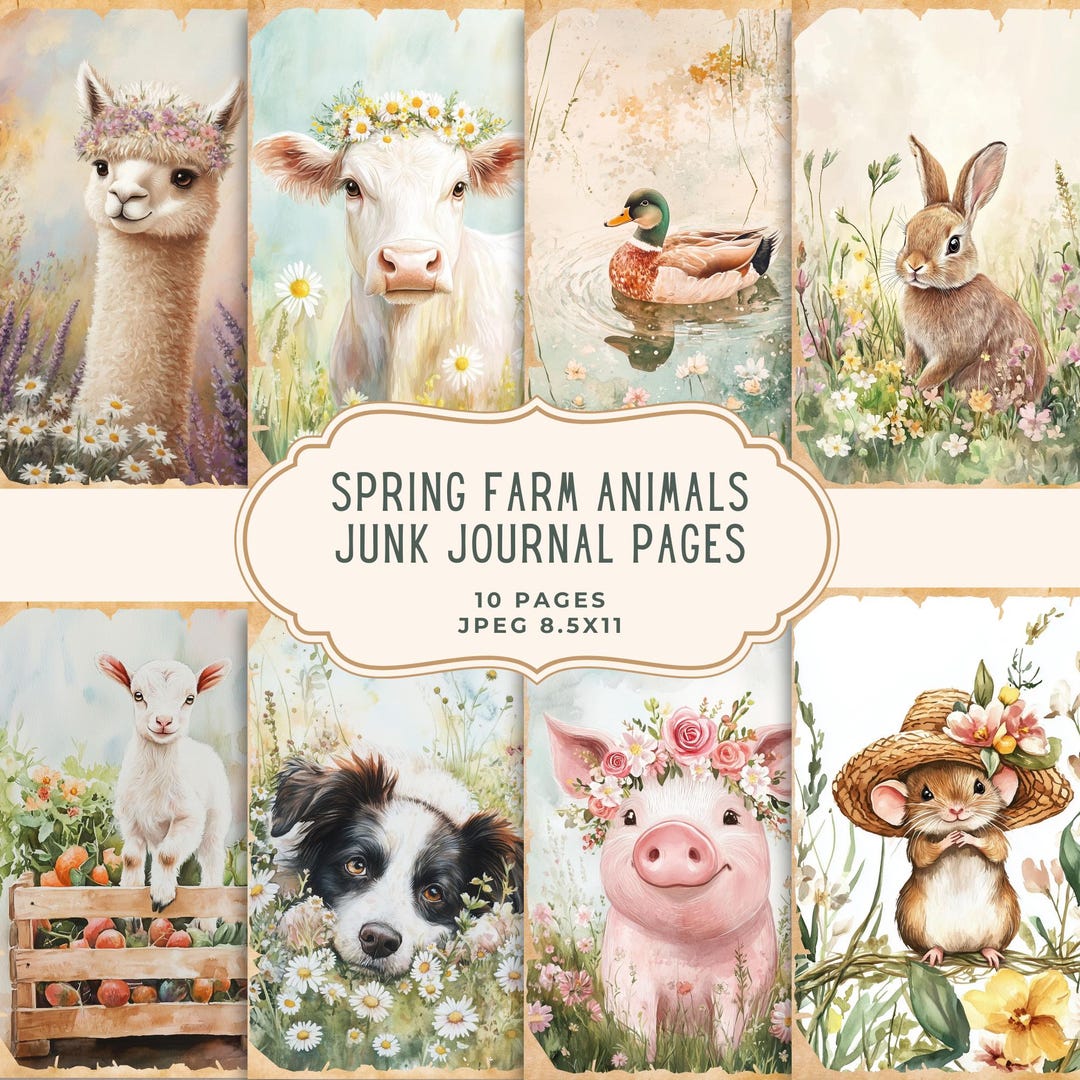 Spring Farm Animals Junk Journal Kit, Country Scrapbooking Set, Floral ...